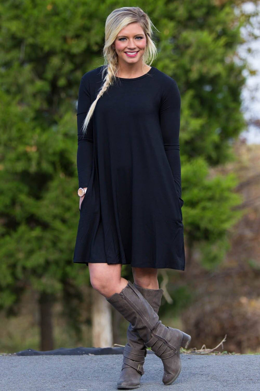 SALE-Piko Long Sleeve Swing Dress - Black – Piko Clothing