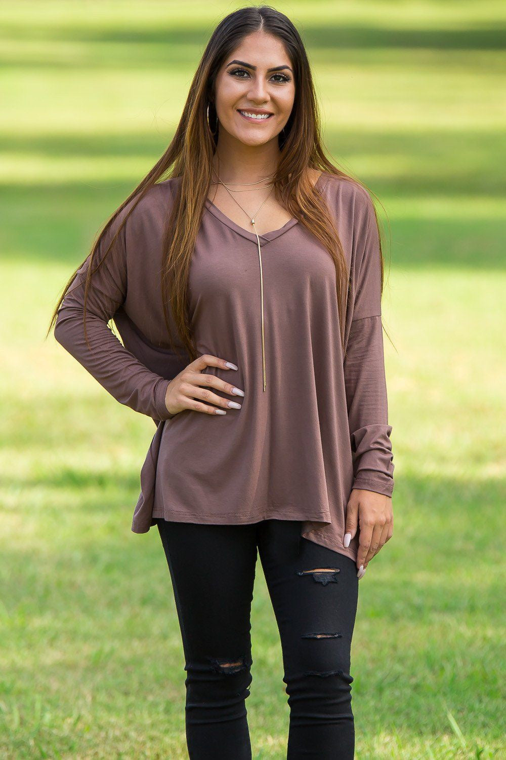 Long Sleeve V-Neck Piko Top -Bistre – Piko Clothing